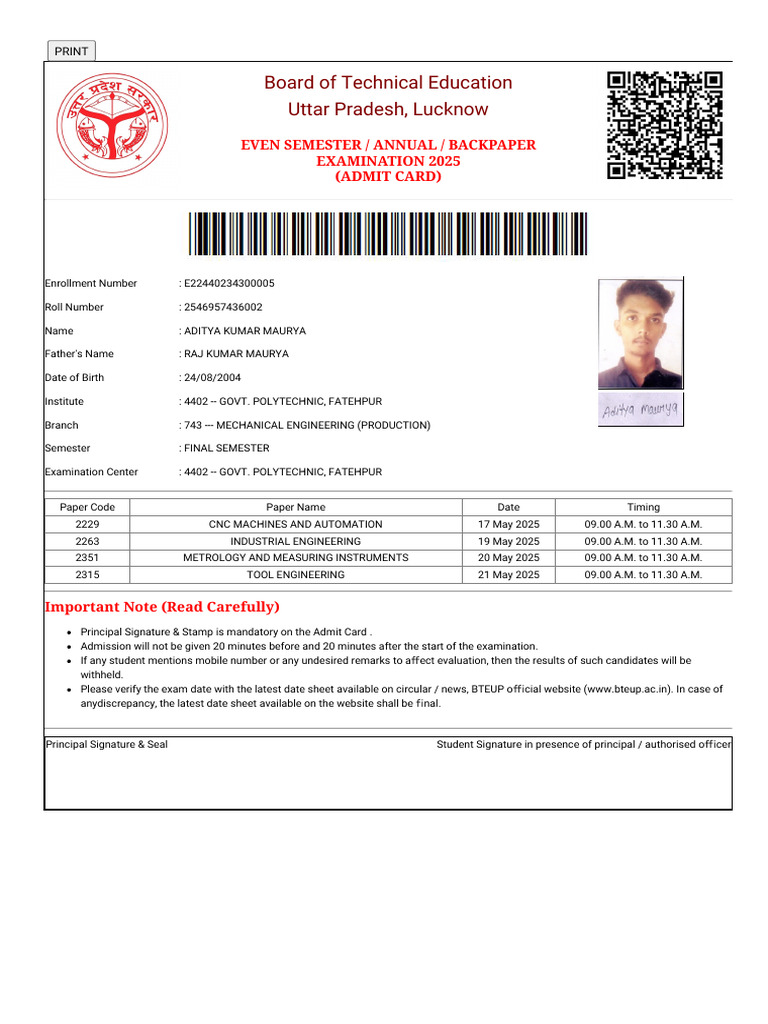 6 Sem Admit Card | PDF