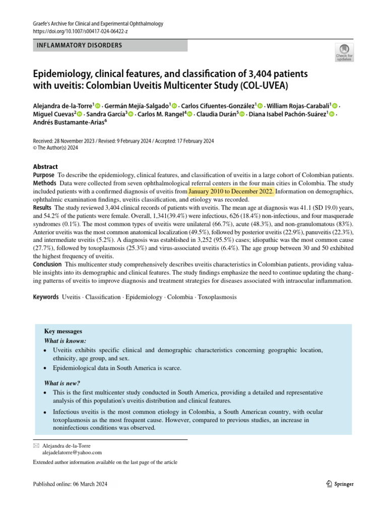 2024 Dela Torre Epidemiiology Uveitis Colombia Graefes | PDF | Medical ...