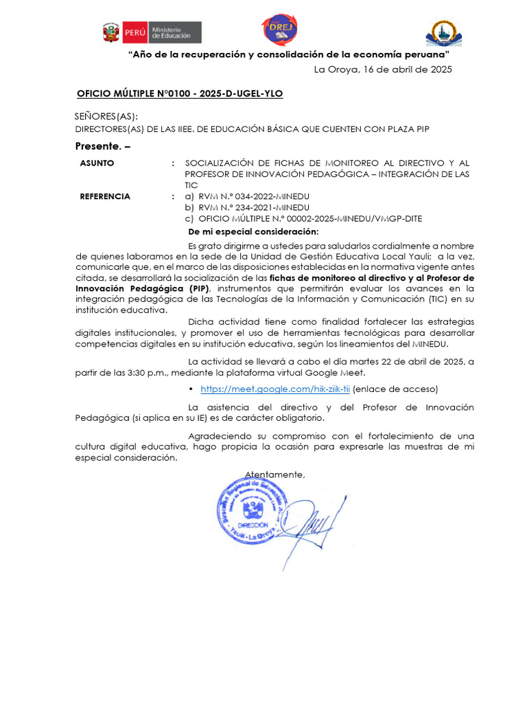 OFICIO MULT N°0100-SOCIALIZACIÓN DE FICHAS DE MONITOREO | PDF | Maestros | Enseñando