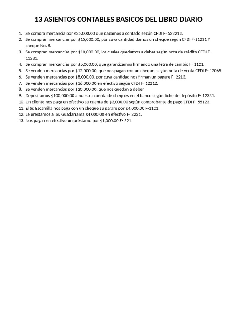 13 ASIENTOS CONTABLES BASICOS DEL LIBRO DIARIO | PDF