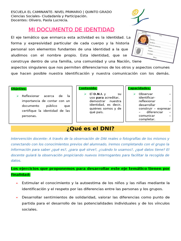 Actividades sobre el Documento de Identidad | PDF