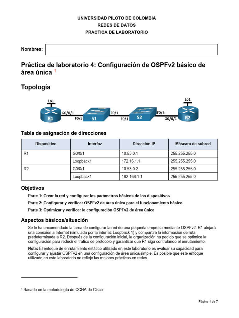 Lab 4 Ospf Unica Area | PDF | Enrutador (Computación) | Dirección IP