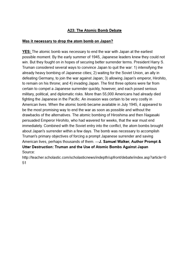 Shiloh Klyman - A23 Atomic Bomb Debate - 18529498 | PDF | Surrender Of ...