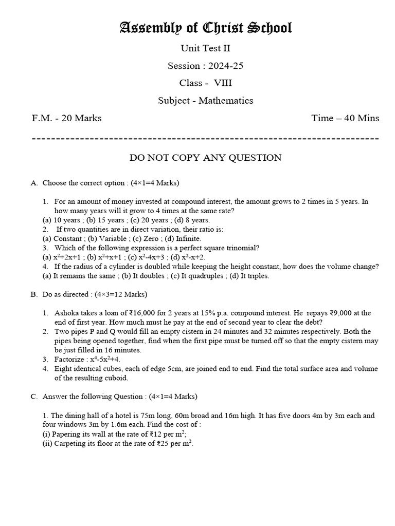 Class VIII UT2 Question Paper 24-25 | PDF
