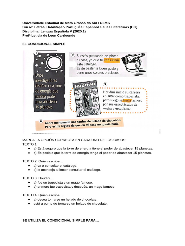 Ejercicios de Condicional Simple en Español | PDF