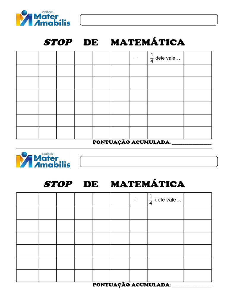 Stop de Matemática 5º Ano para Imprimir | PDF