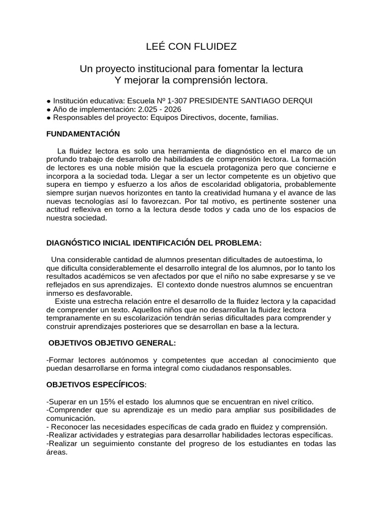Proyecto de Fluidez Con Nombre | PDF | Comprensión lectora | Escuelas