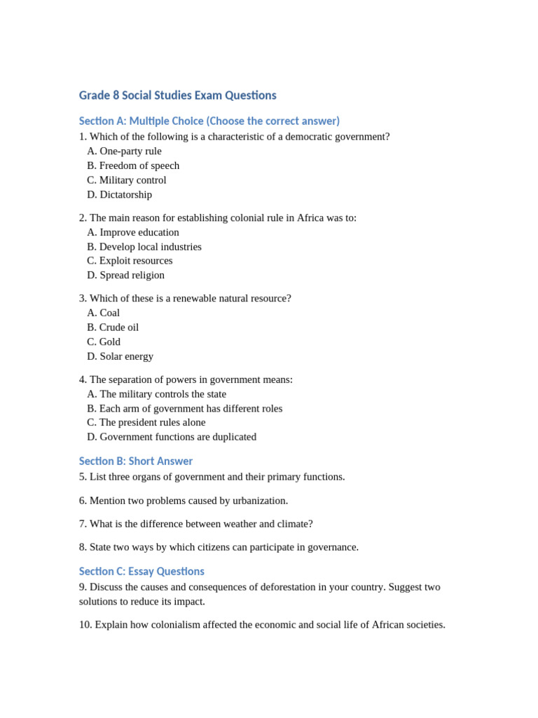 Grade 8 Social Studies Exam Guide | PDF