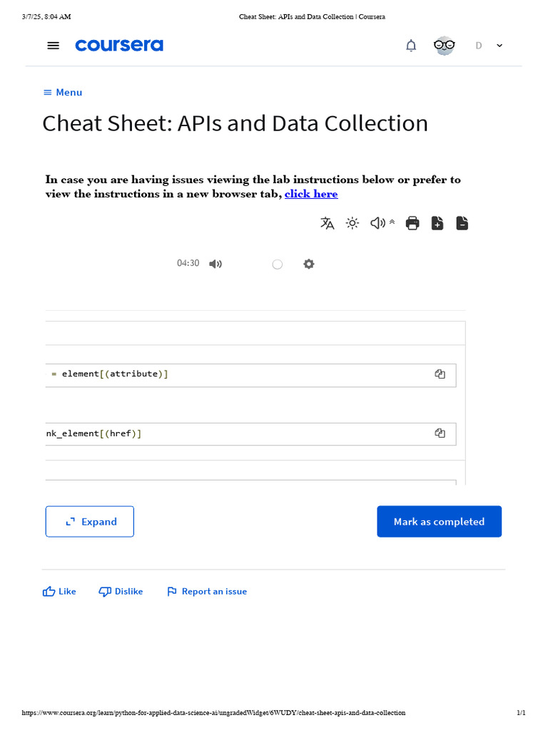 Cheat Sheet - APIs and Data Collection - Coursera | PDF