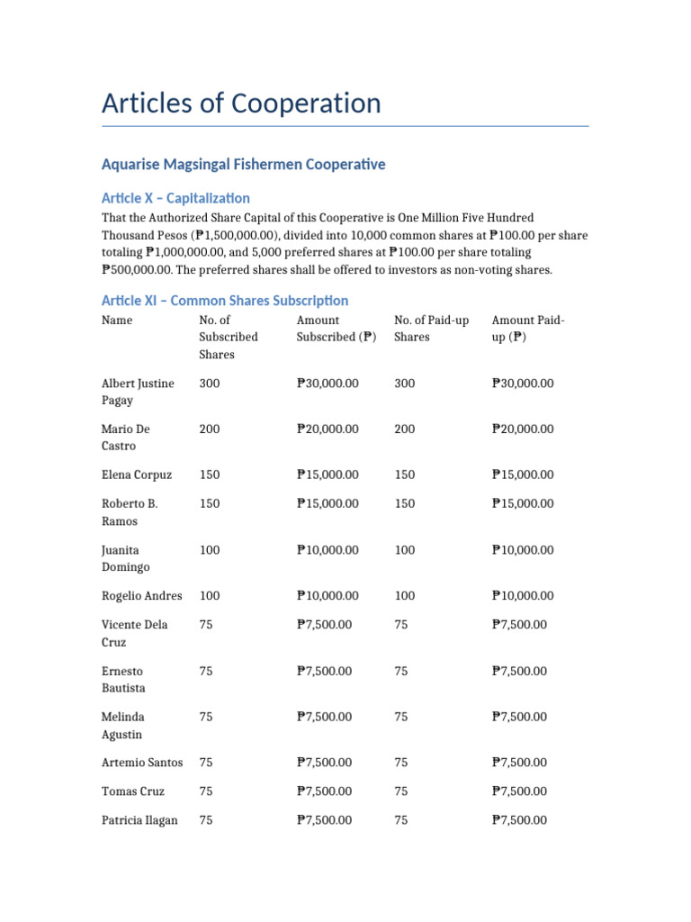 Aquarise Articles of Cooperation Final With Cooperators | PDF | Economy ...