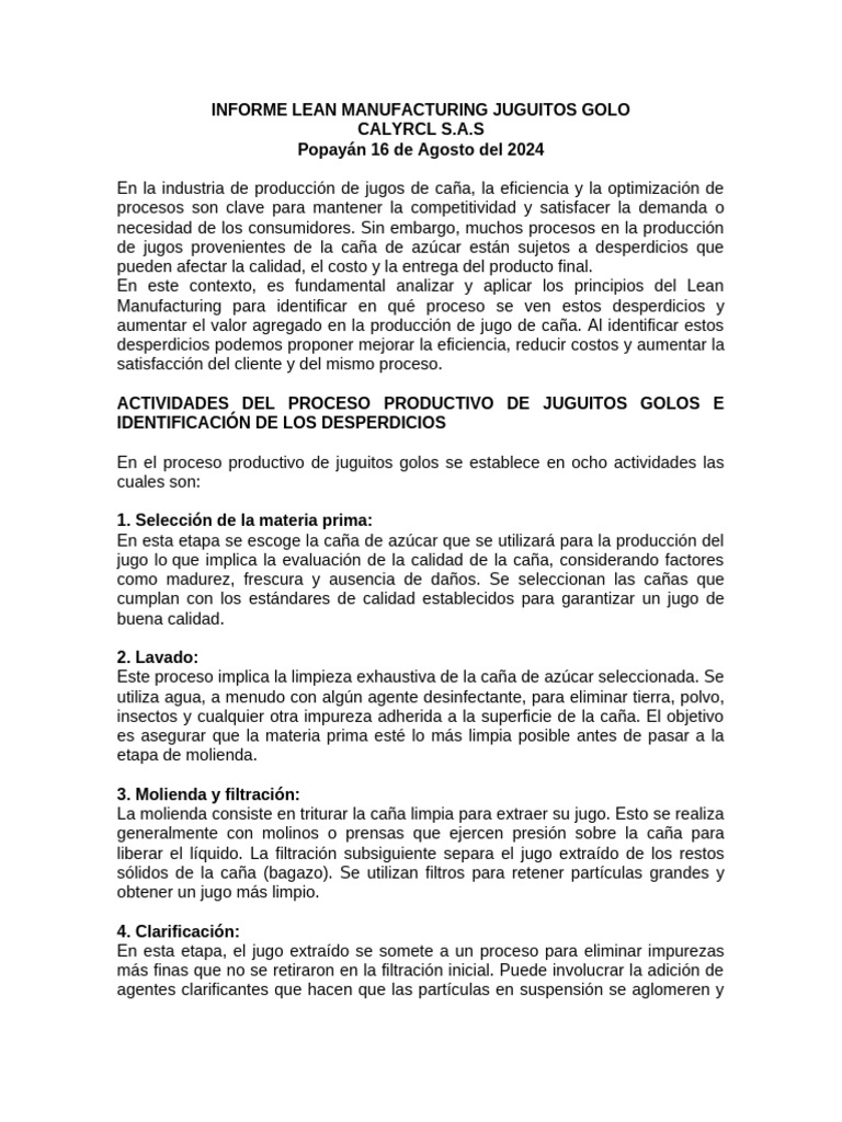 Informe Lean Manufacturing Juguitos Golo | PDF | Calidad (comercial) | Lean Manufacturing
