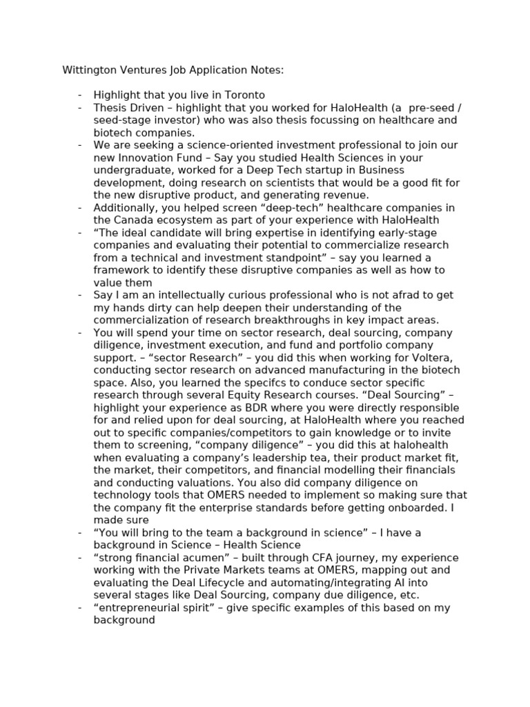 Wittington Ventures Job Application Notes | PDF | Science | Venture Capital