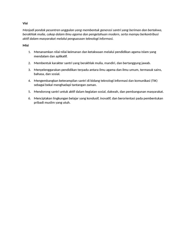 Visi Misi Pondok Pesantren Miftahul Huda | PDF
