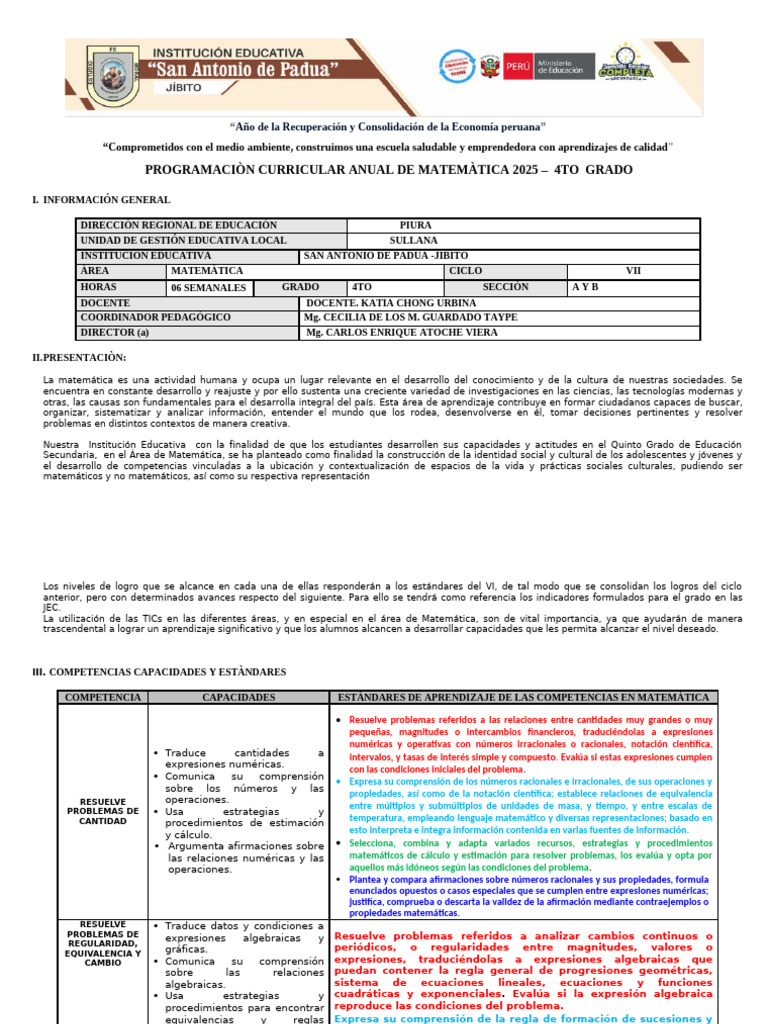 PLANIFICACIÓN CURRICULAR 4TO AÑO | PDF | Evaluación | Ecuaciones