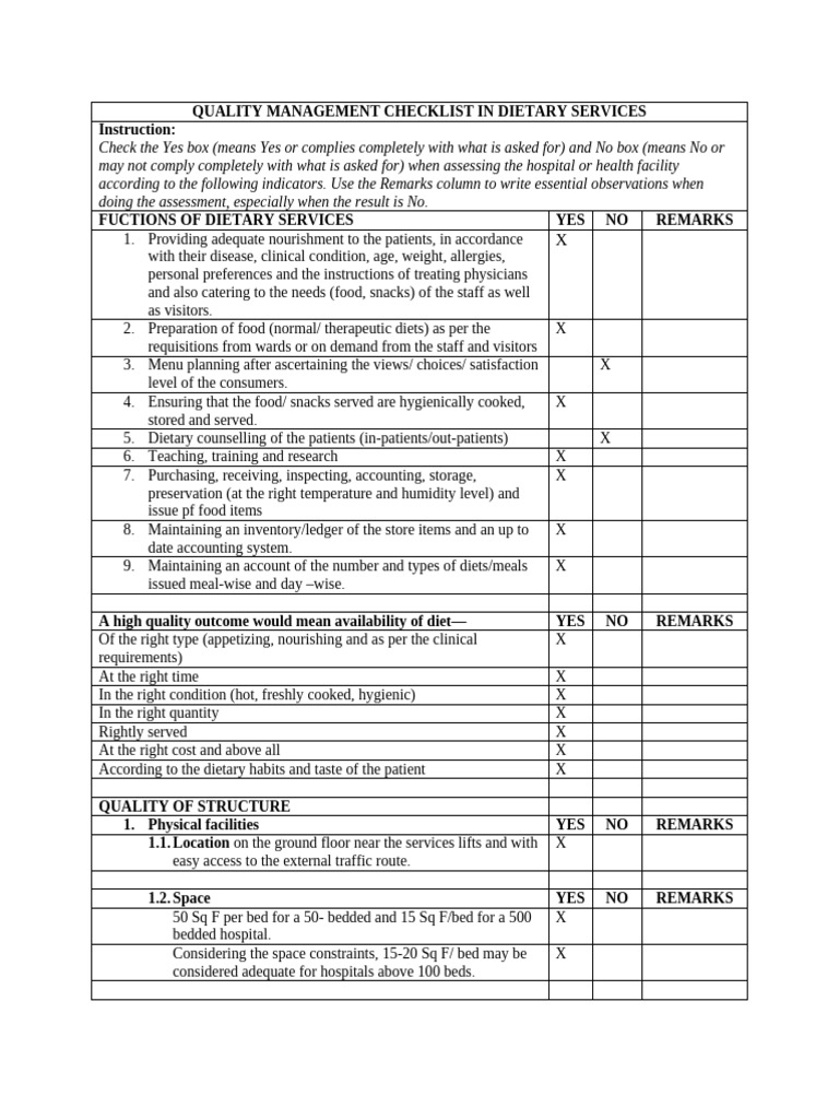 Quality Management Checklist in Dietary Services | PDF | Dietitian ...