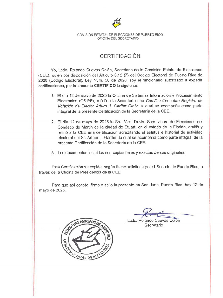 Carta Certificada de La Comisión Estatal de Elecciones Sobre Votaciones ...