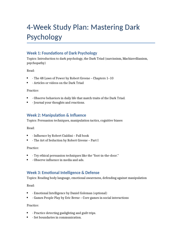 Dark Psychology 4 Week Study Plan | PDF