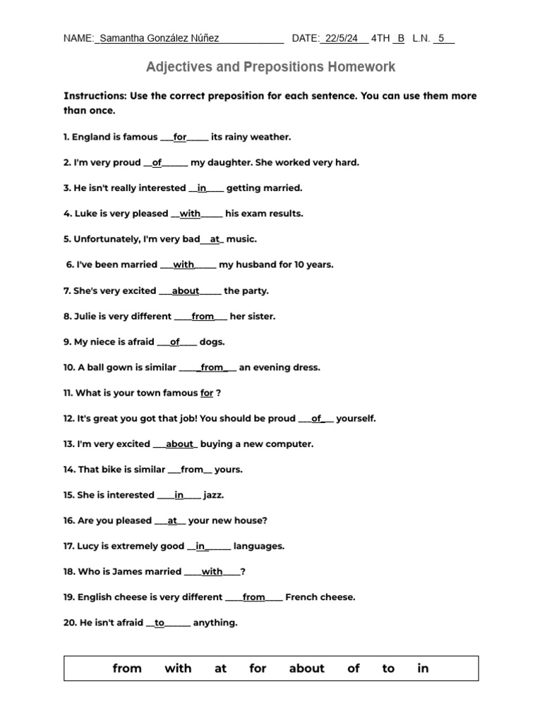Adjectives and Prepositions Exercise | PDF