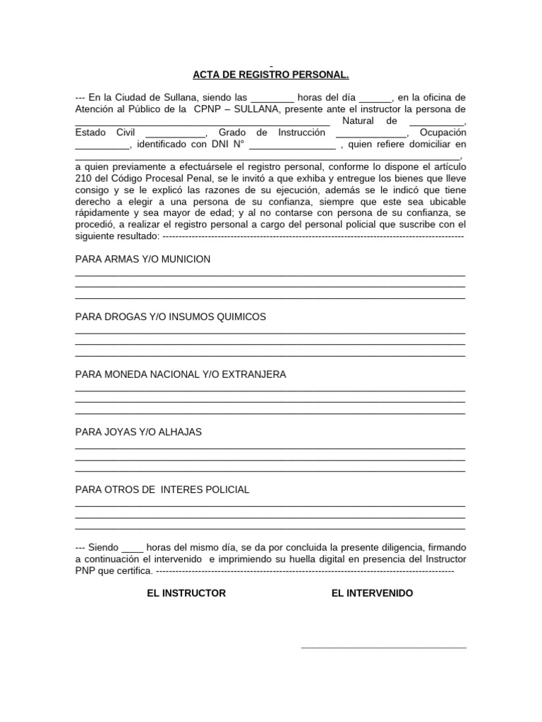 ACTA DE REGISTRO PERSONAL Modelo PJEDA | PDF | Justicia | Crimen y violencia