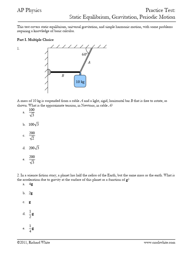 Apphysicsmaterialspracticetestspractice Test 7 Static Gravitation SHM ...