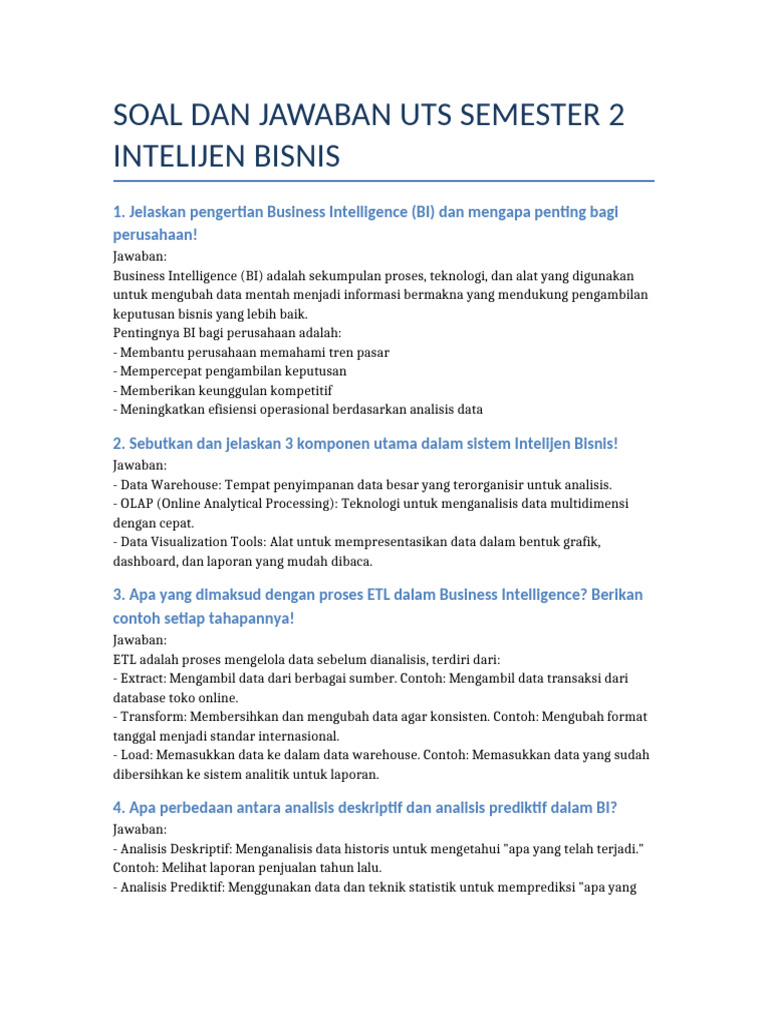 Soal UTS Intelijen Bisnis Semester 2 | PDF