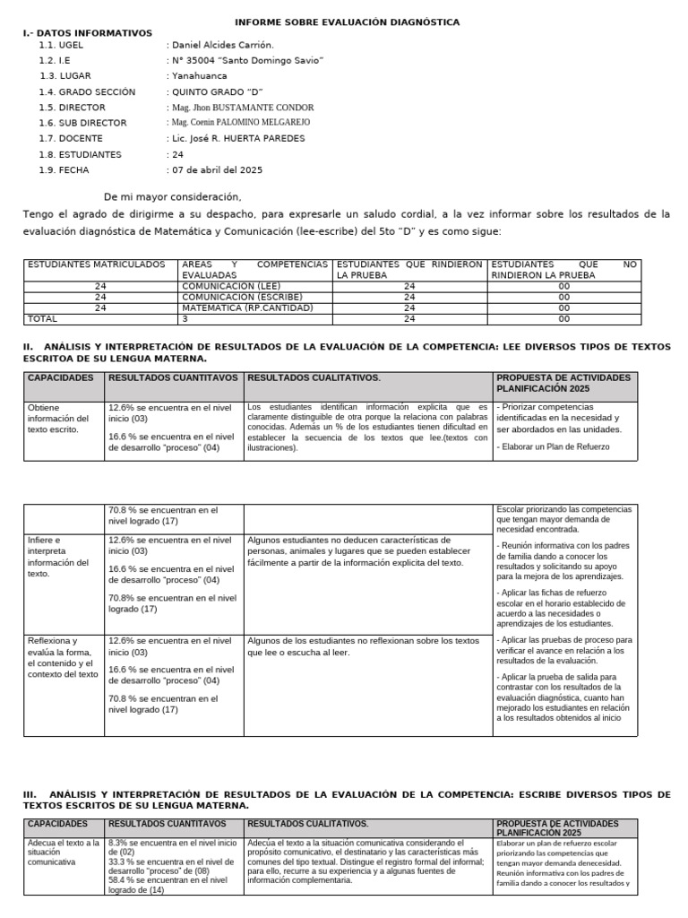 INFORME EVALUACIÓN DIAGNÓSTICA 5to D 2025 | PDF | Enseñando | Evaluación
