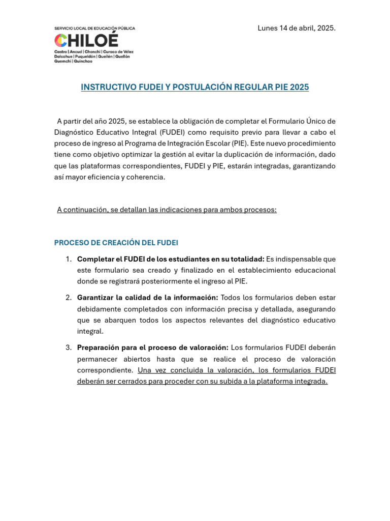Instructivo FUDEI y Postulación Regular PIE 2025 SLEP Chiloé. | PDF