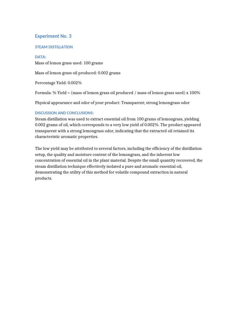 Steam Distillation Lemongrass Experiment | PDF