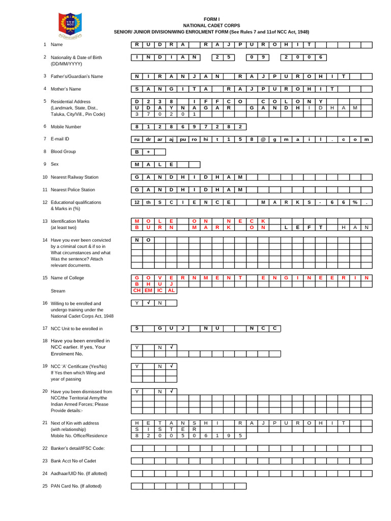 NCC Enrollment Form for Cadets | PDF | Access Control | Authentication