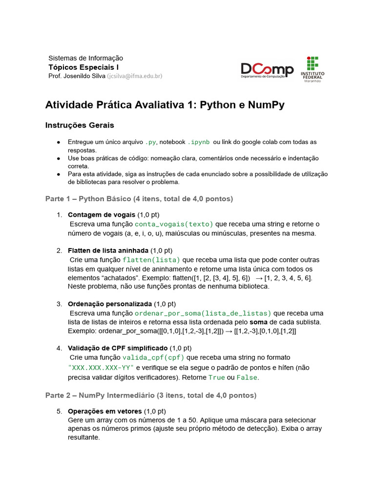(TE I 2025.1) Atividade 1 - Prática Avaliativa de Python e Numpy | PDF ...