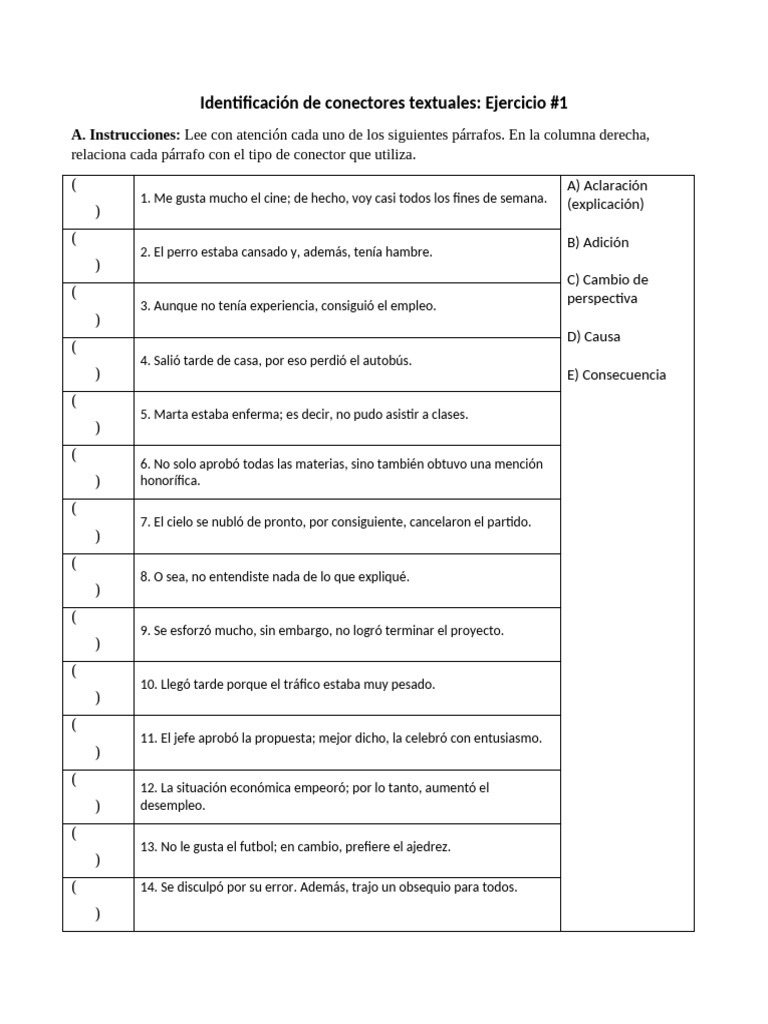 Identificación de conectores textuales Ejercicio 1 | PDF