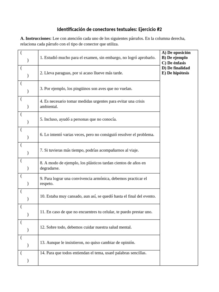 Identificación de Conectores Textuales Ejercicio 2 | PDF