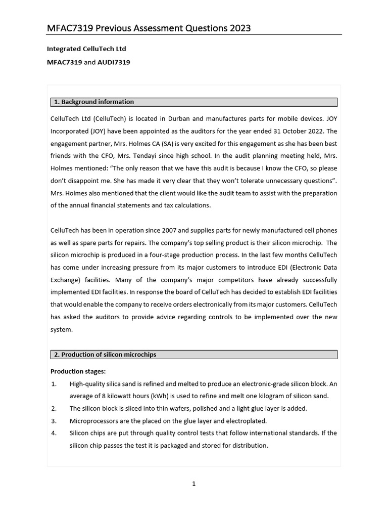 PAQ - Integrated Question Cellutech LTD (Test 2 2023) | PDF | Audit ...