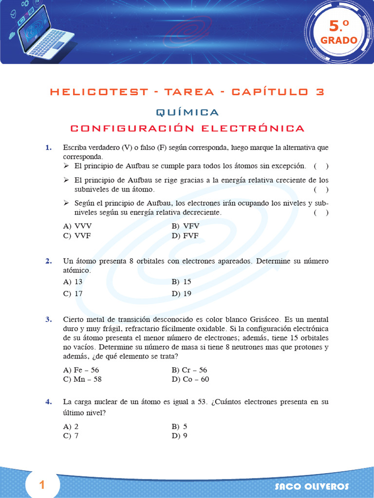 7 - Q - 5° - Cap 3 - Preg - Tarea - 23 | PDF | Configuración electronica | Conjuntos de ...