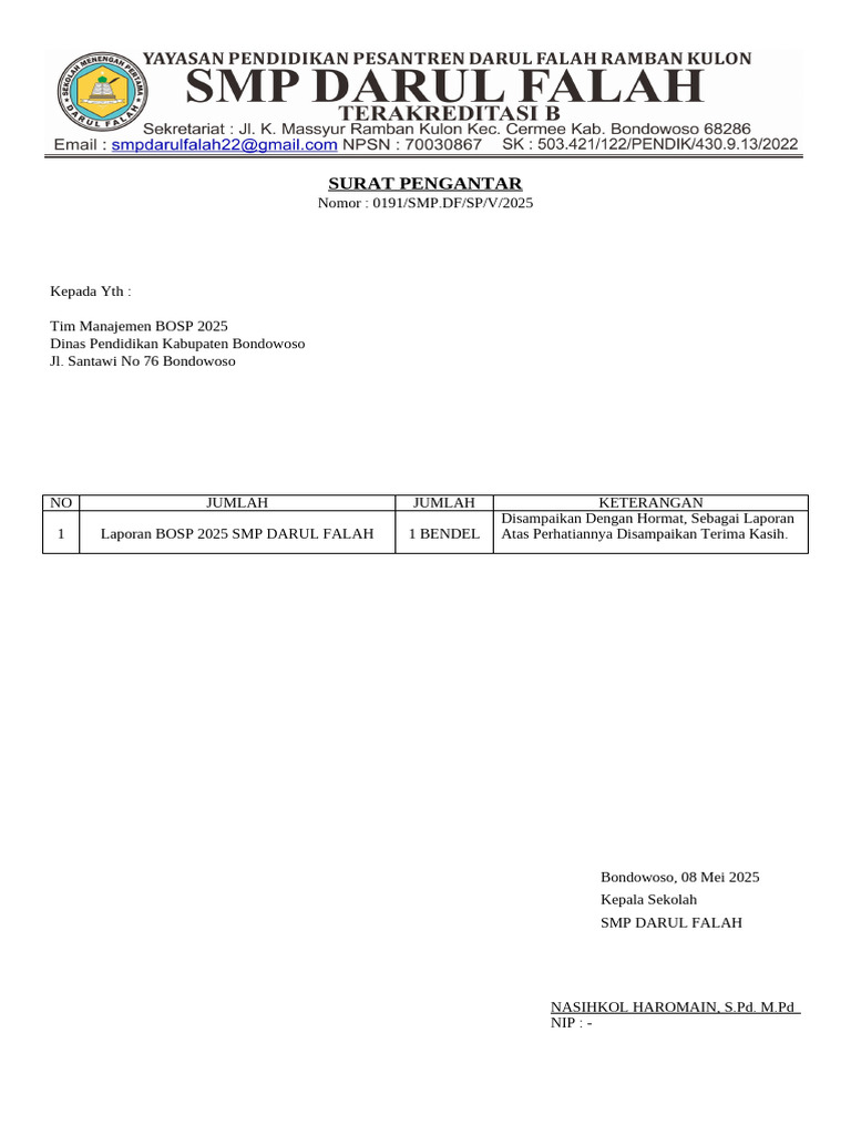 Surat Pengantar Bosp 2025 | PDF