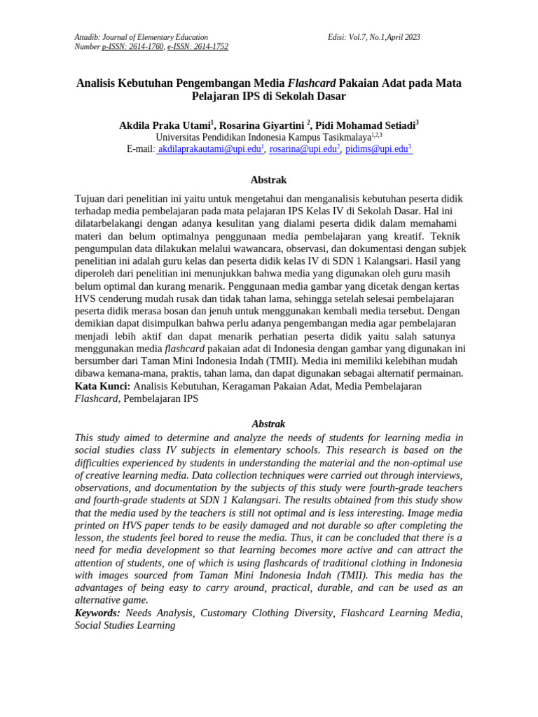 Analisis Kebutuhan Pengembangan Media Flashcard Pakaian Adat pada Mata Pelajaran IPS di Sekolah ...