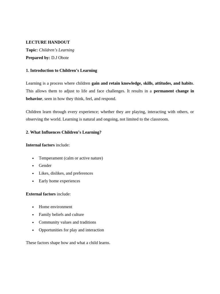LECTURE HANDOUT - LEARNING | PDF | Learning | Learning Styles