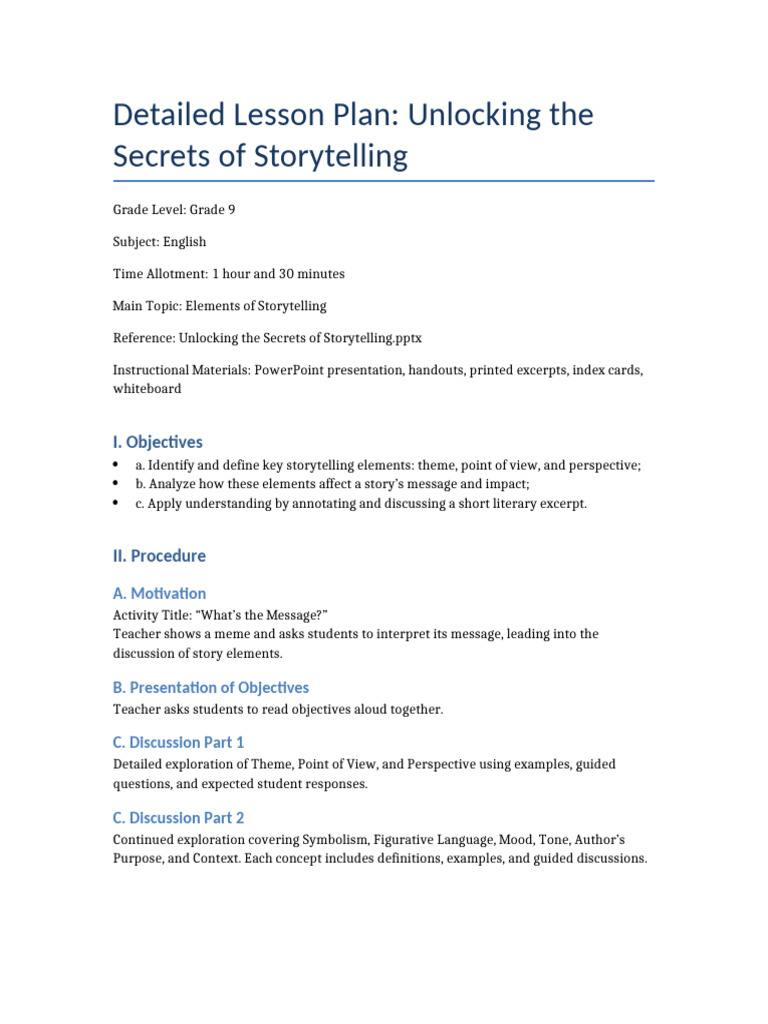 Storytelling Elements Lesson Plan | PDF