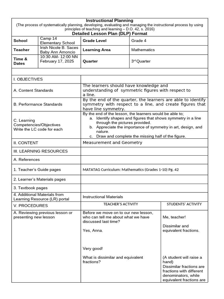 Detailed Lesson Plan MATH 1 | PDF | Symmetry | Learning