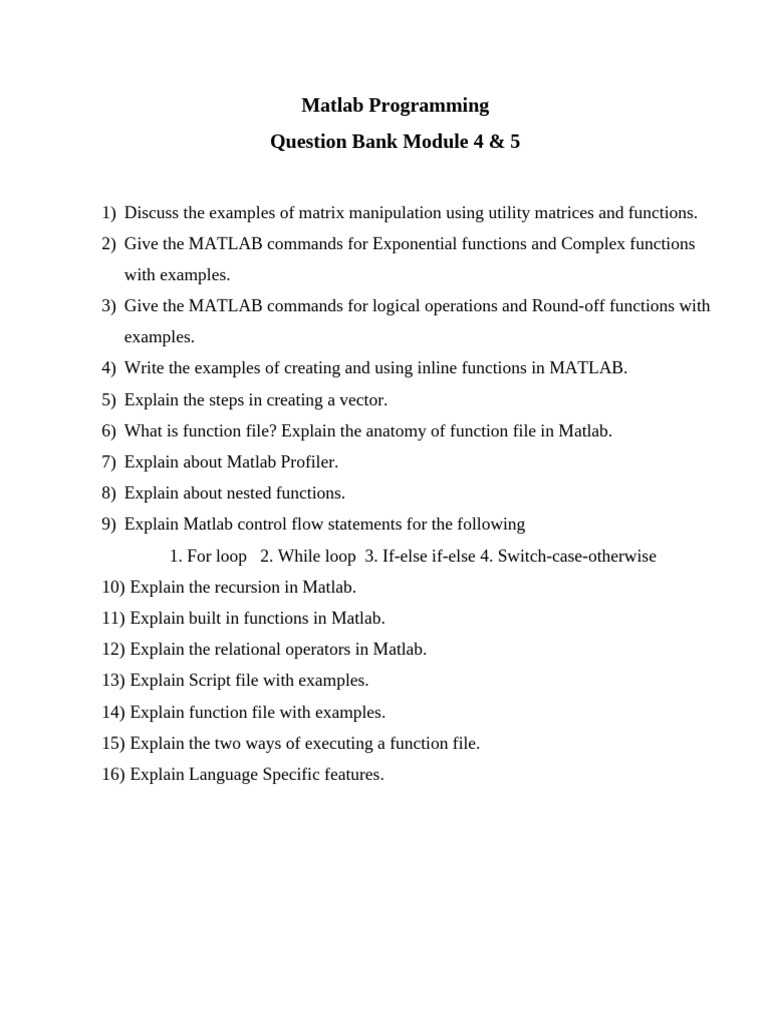 Matlab Programming Question Bank Module 4& 5 | PDF