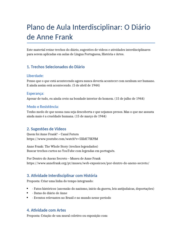 Plano de Aula: Anne Frank e Interdisciplinaridade | PDF