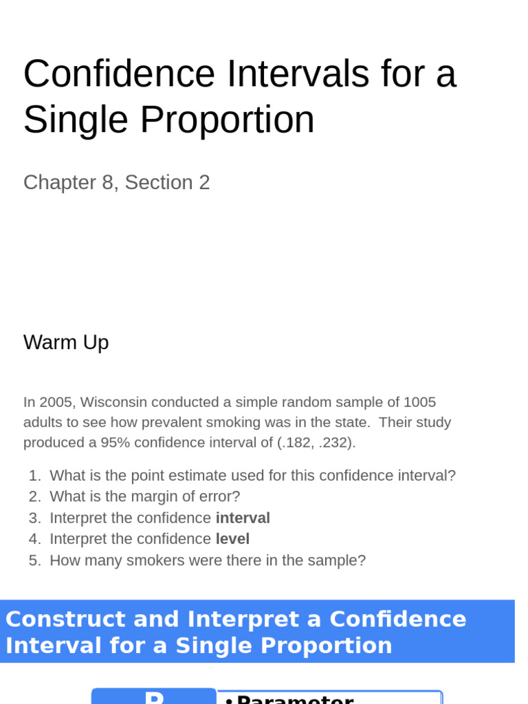 Confidence Intervals For One Proportion PowerPoint | PDF | Standard Error | Confidence Interval