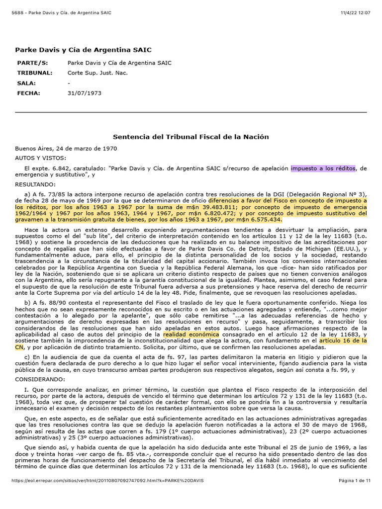 5688 Parke Davis y Ci A de Argentina SAIC | PDF | Impuestos | Business