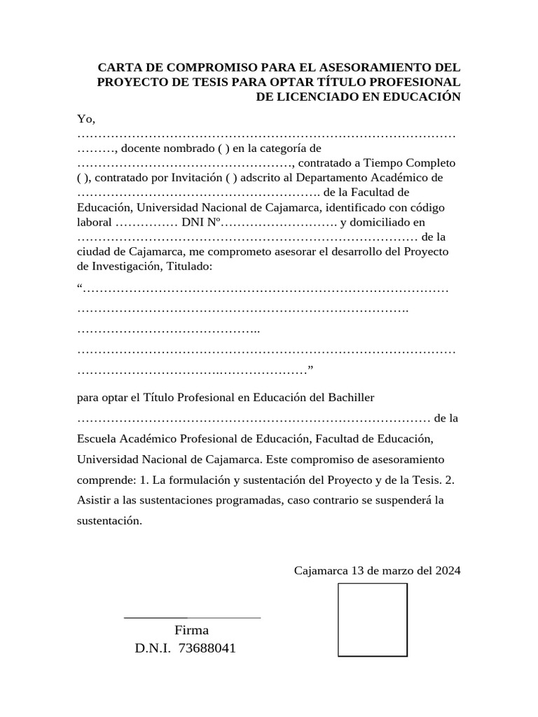Carta de Compromiso para El Asesoramiento Del Proyecto de Investigación ...