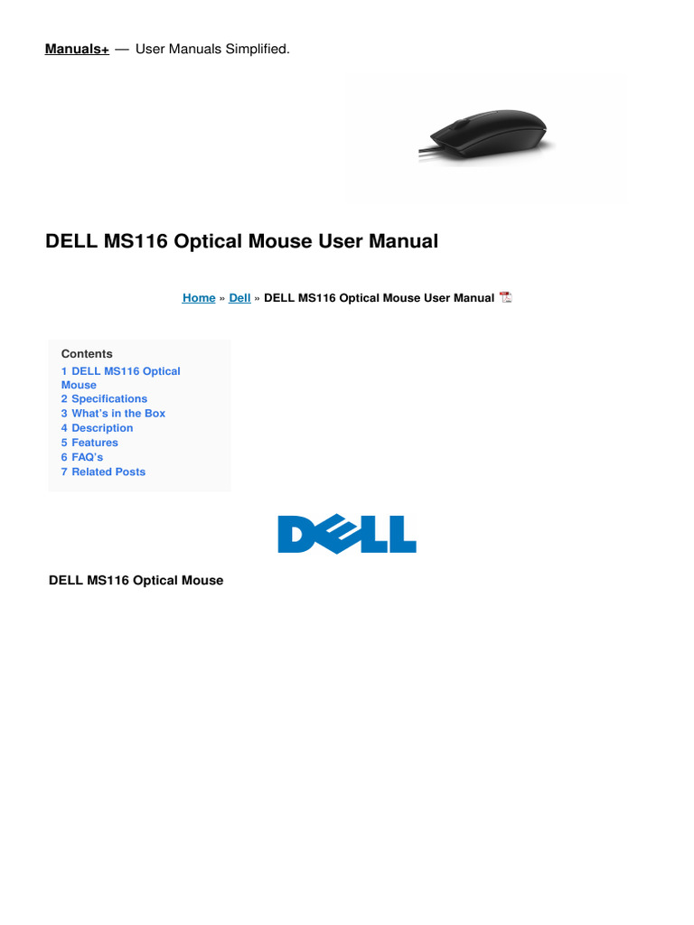 Dell MS116 Optical Mouse Specifications | PDF | Human–Computer ...