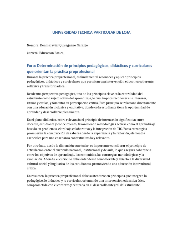Foro Principios Pedagogicos Practica Preprofesional | PDF