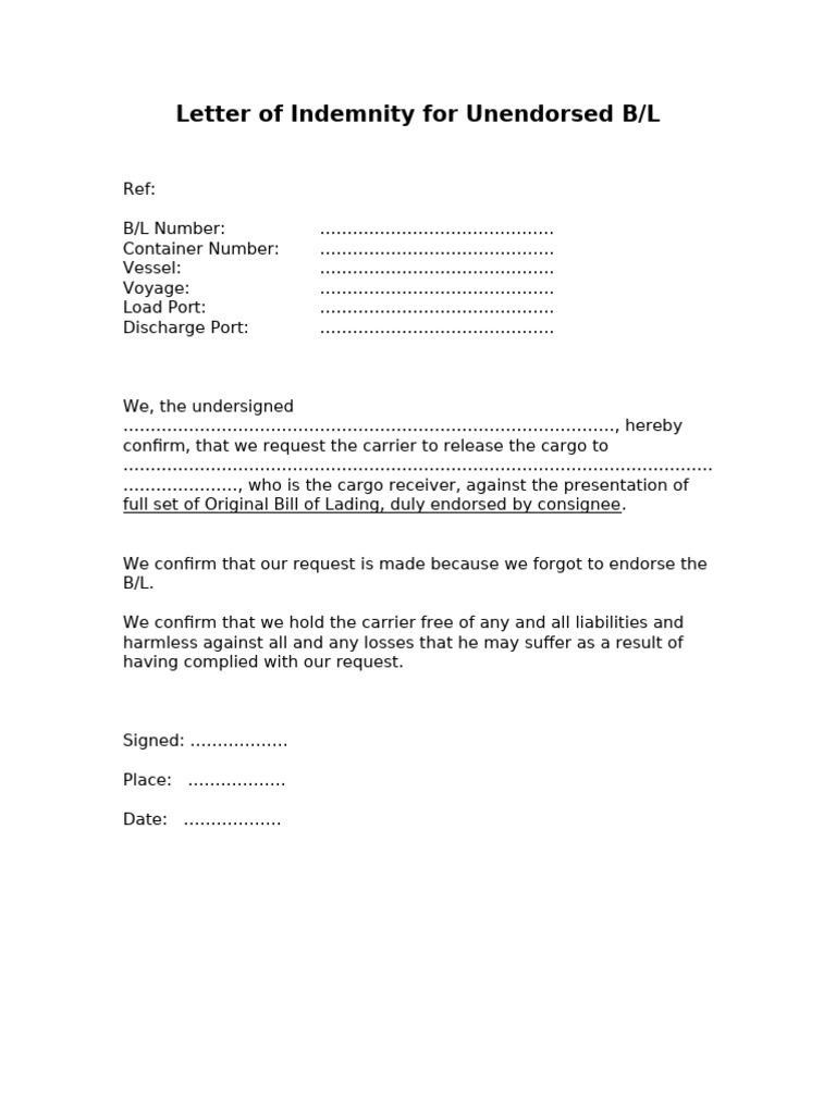 LOI For Unendorsed BL Shipper | PDF