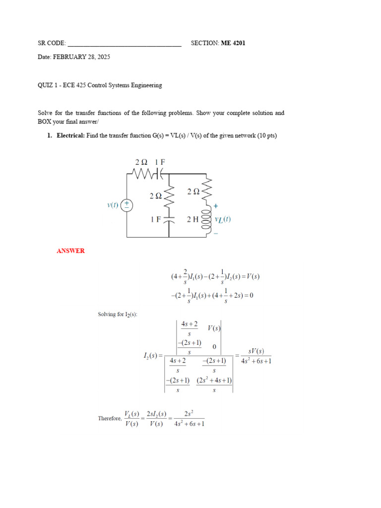 ECE 425 Quiz 1 Transfer Function | PDF