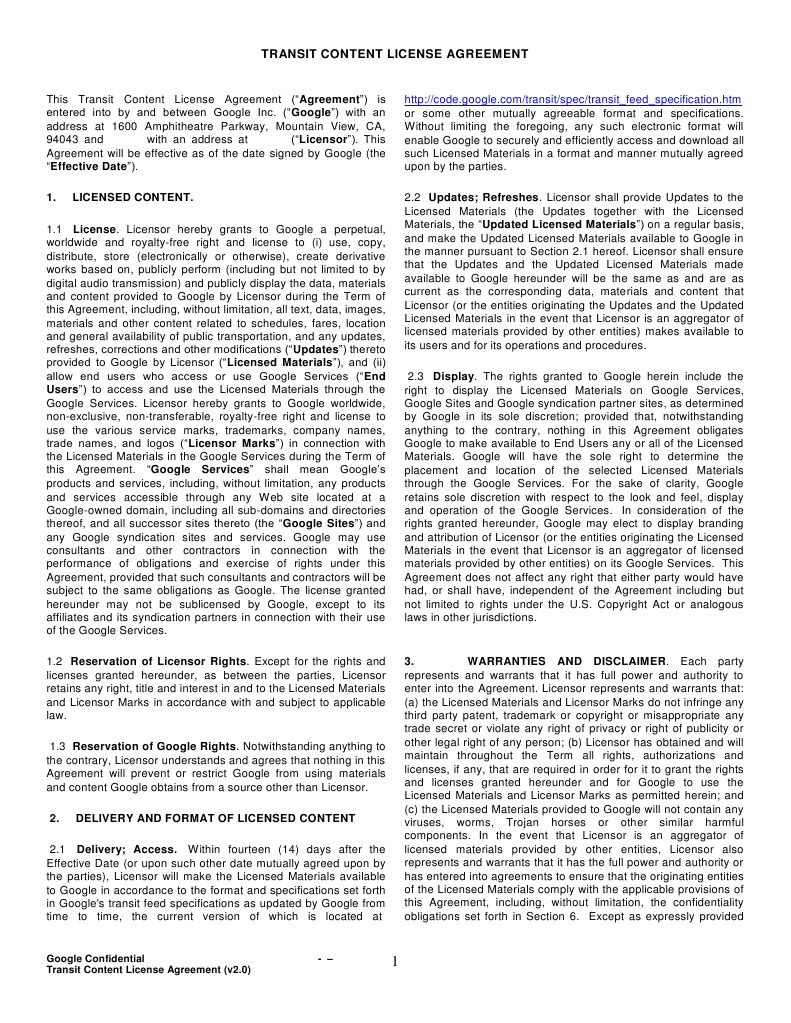 Google Confidential - Transit Content License Agreement (v2.0) | PDF ...