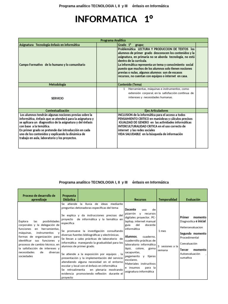 programa analitico informatica 123 x contenido 8 contenidos | PDF | Evaluación | Plan de estudios
